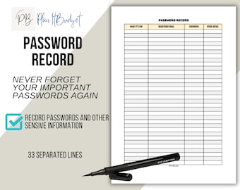 Password Tracker Printable & Fillable, Password Keeper, Password ...