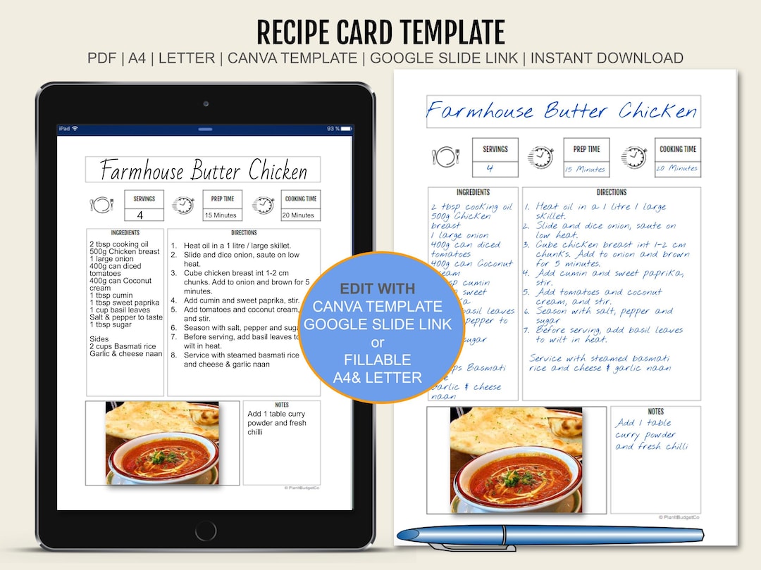 Editable Recipe Card Template, Printable Cookbook Page (digital ...