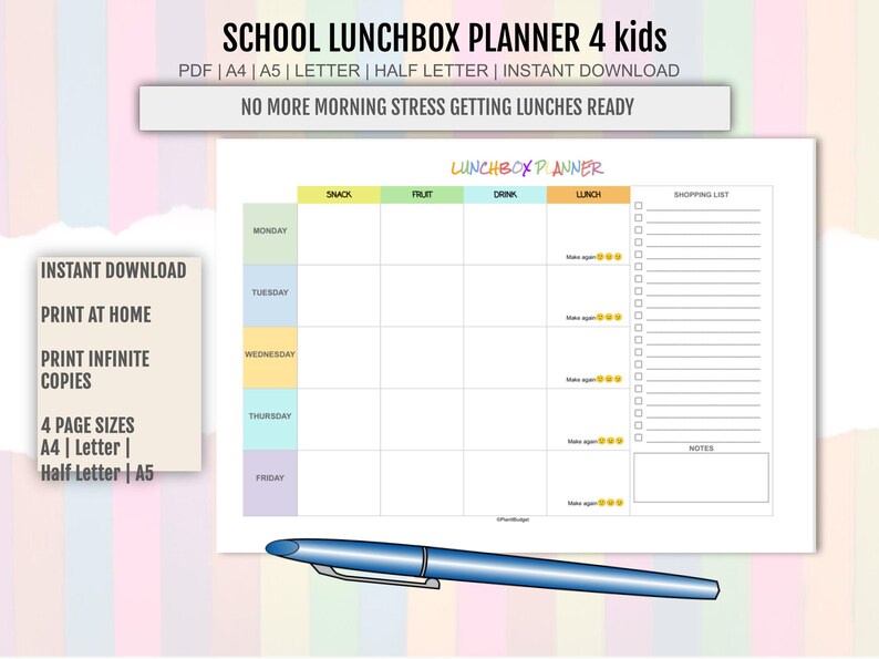 Kids Colorful Lunchbox Checklist, Toddler Healthy Lunchbox, School ...