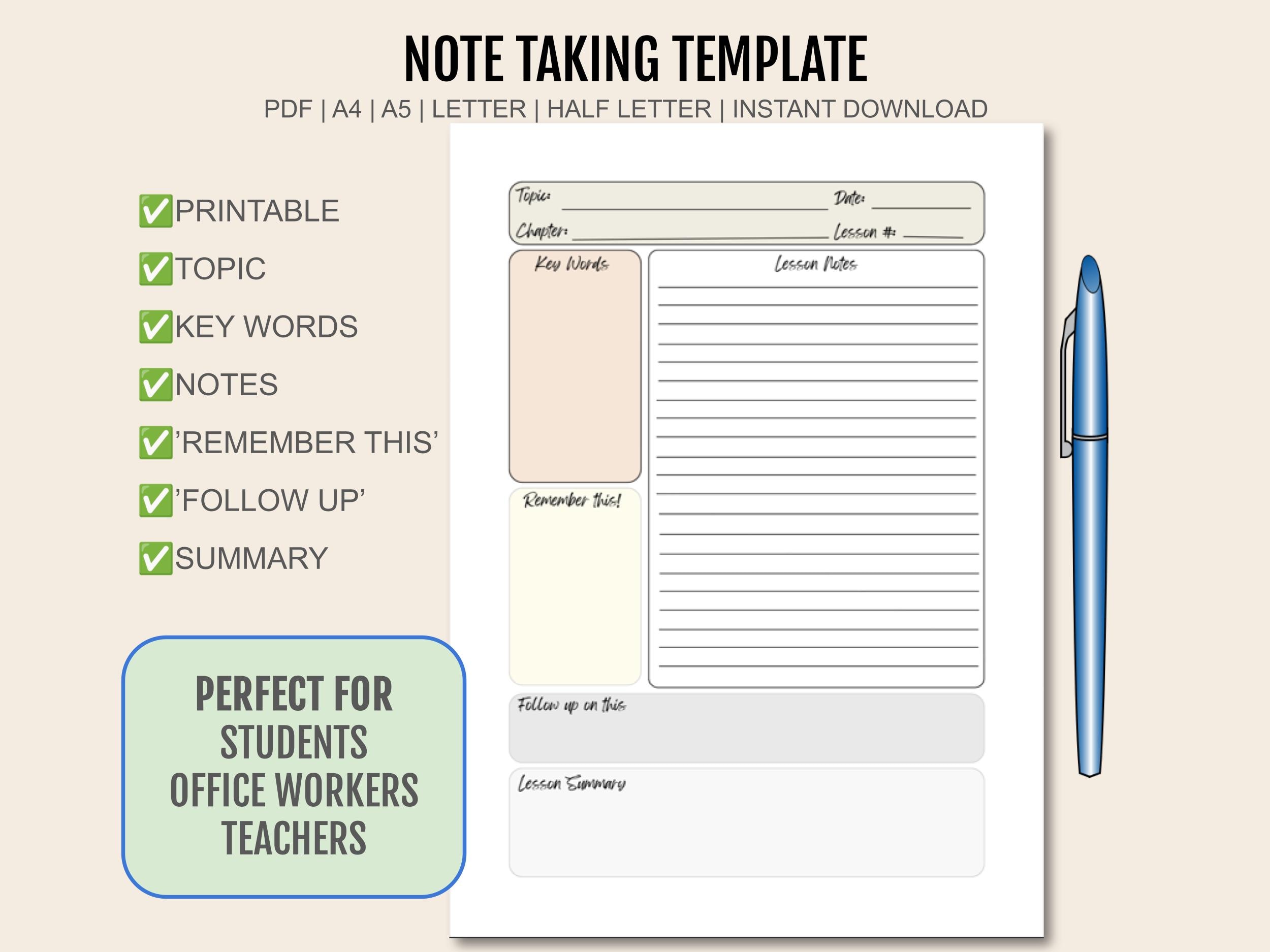 Note Taking Review Worksheet Template Chapter Summary Page Book Chapter ...