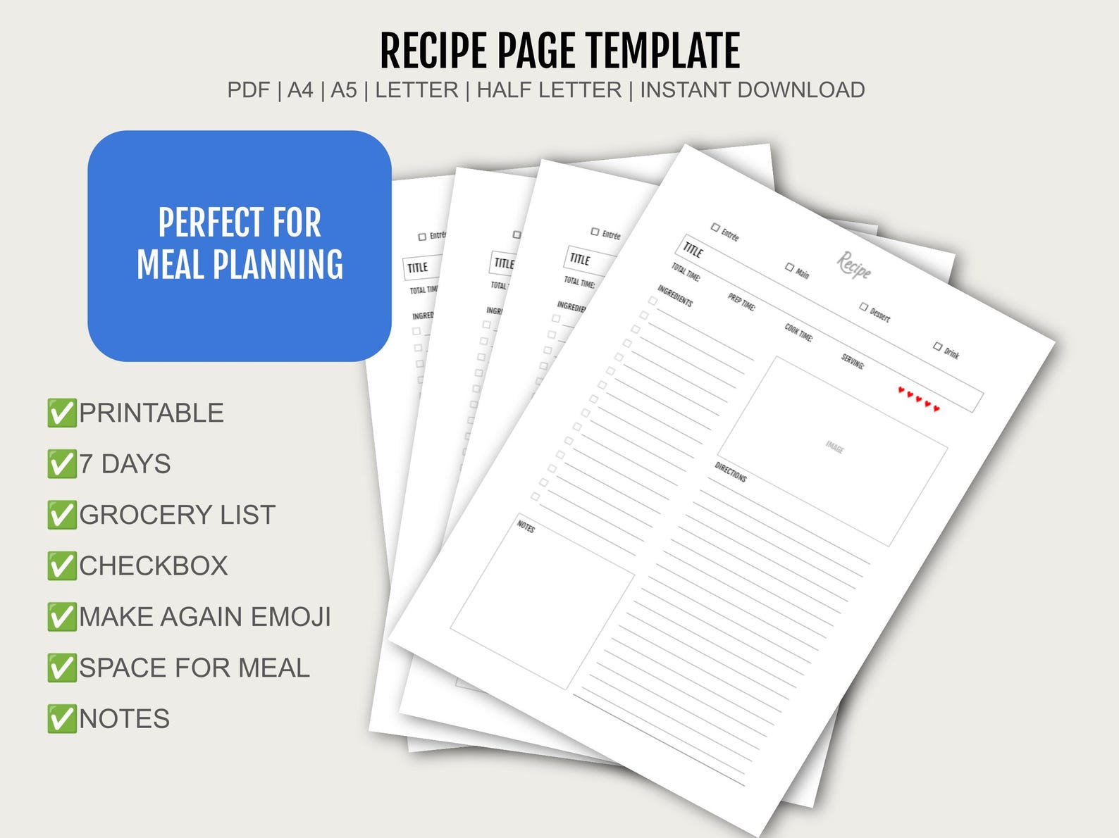 Simple Recipe Template Printable, Fillable Recipe Page, Cook Book ...