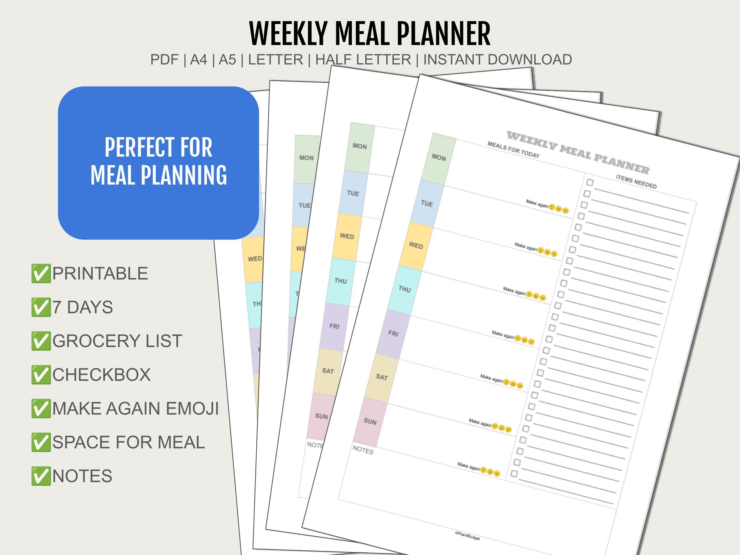 Printable Weekly Meal Planner With Grocery List, Fillable 7 Day Simple ...