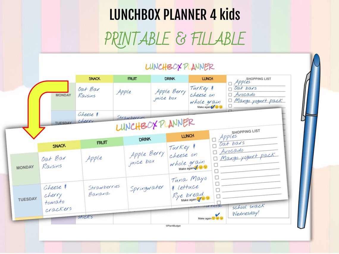 Kids Lunchbox Planner, School Lunch Menu, Healthy Food Checklist ...
