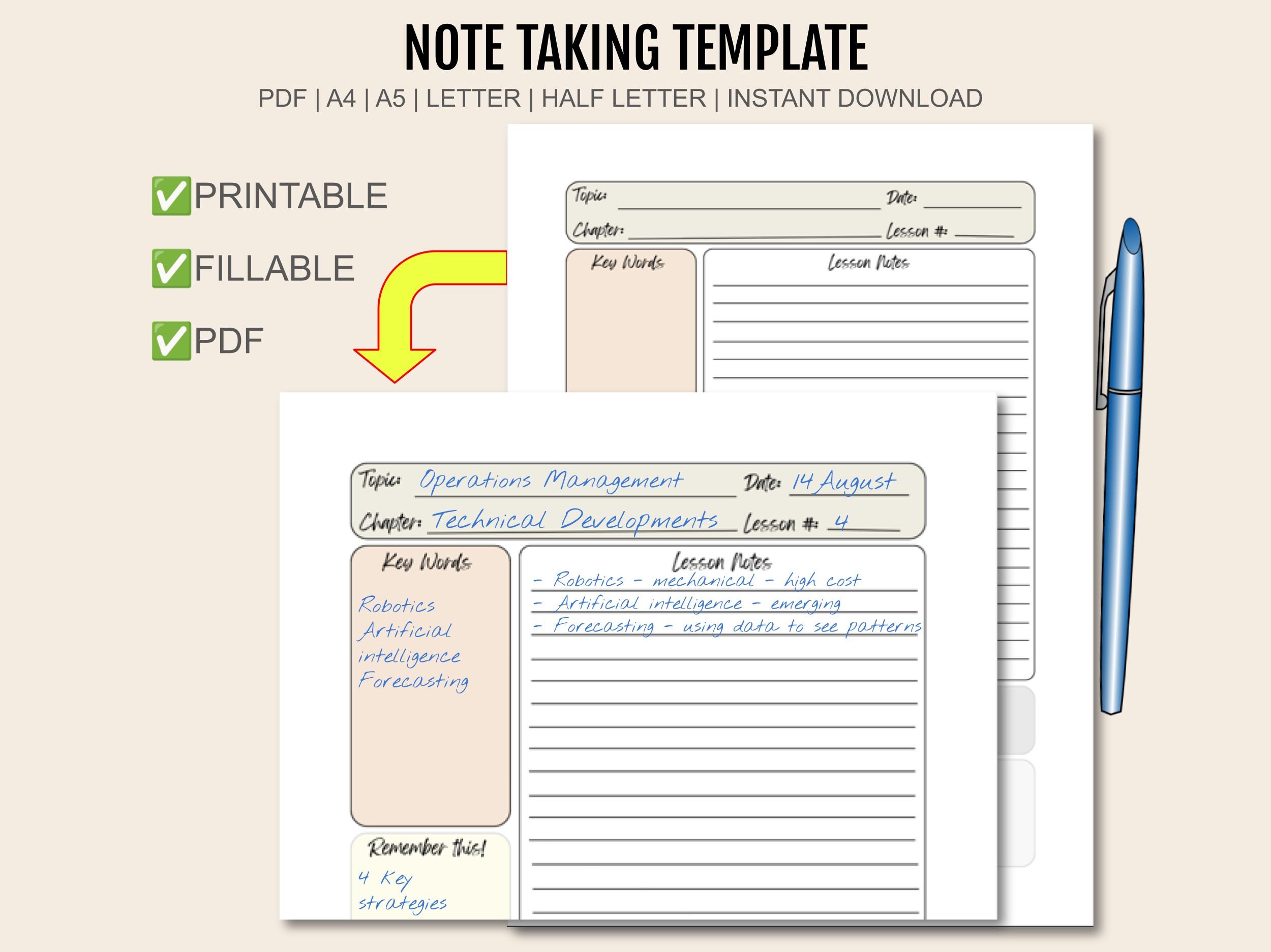 Note Taking Review Worksheet Template Chapter Summary Page Book Chapter ...