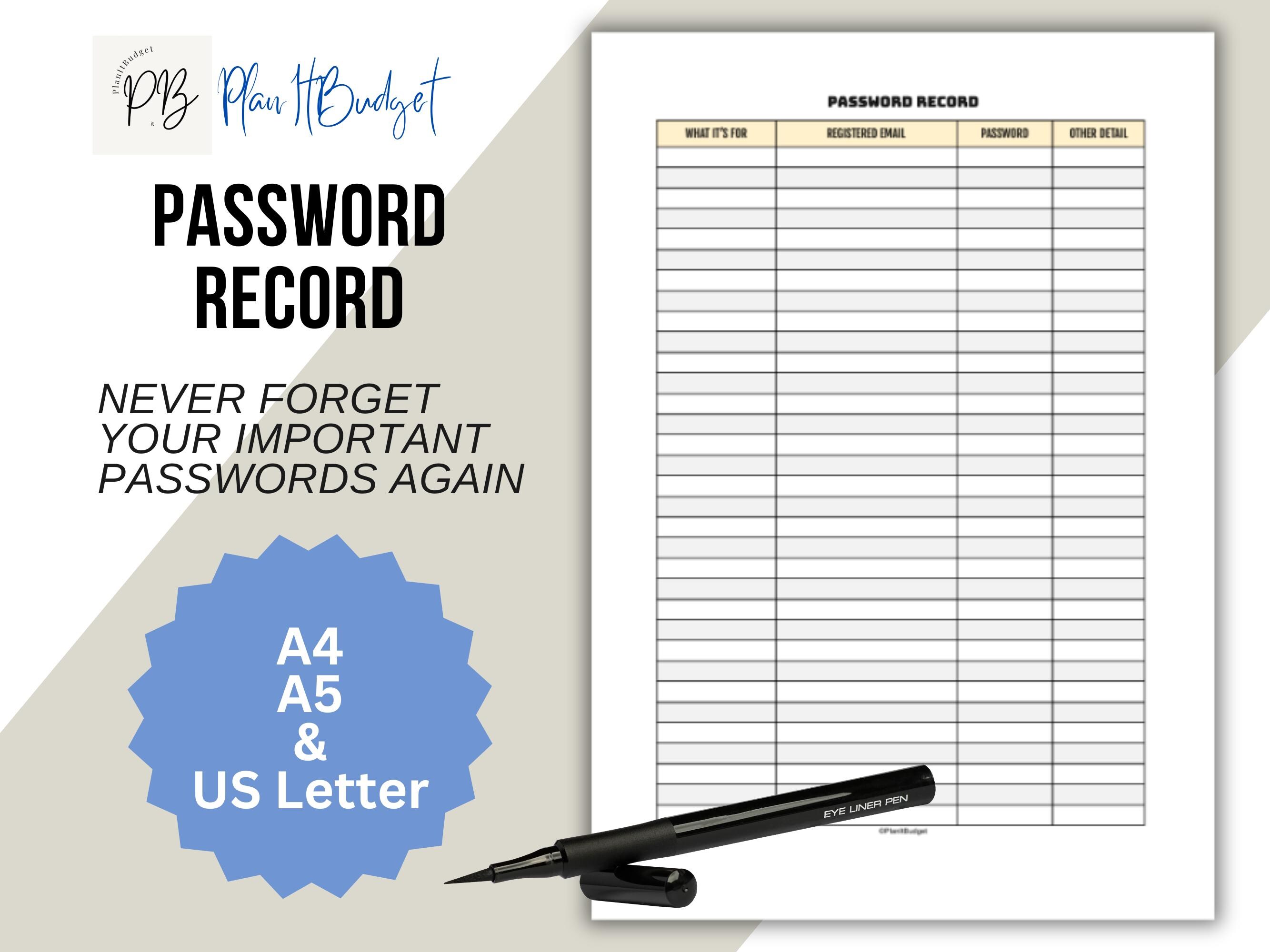 Password Tracker Printable Fillable Password Keeper Password Organizer Password Log A4 A5