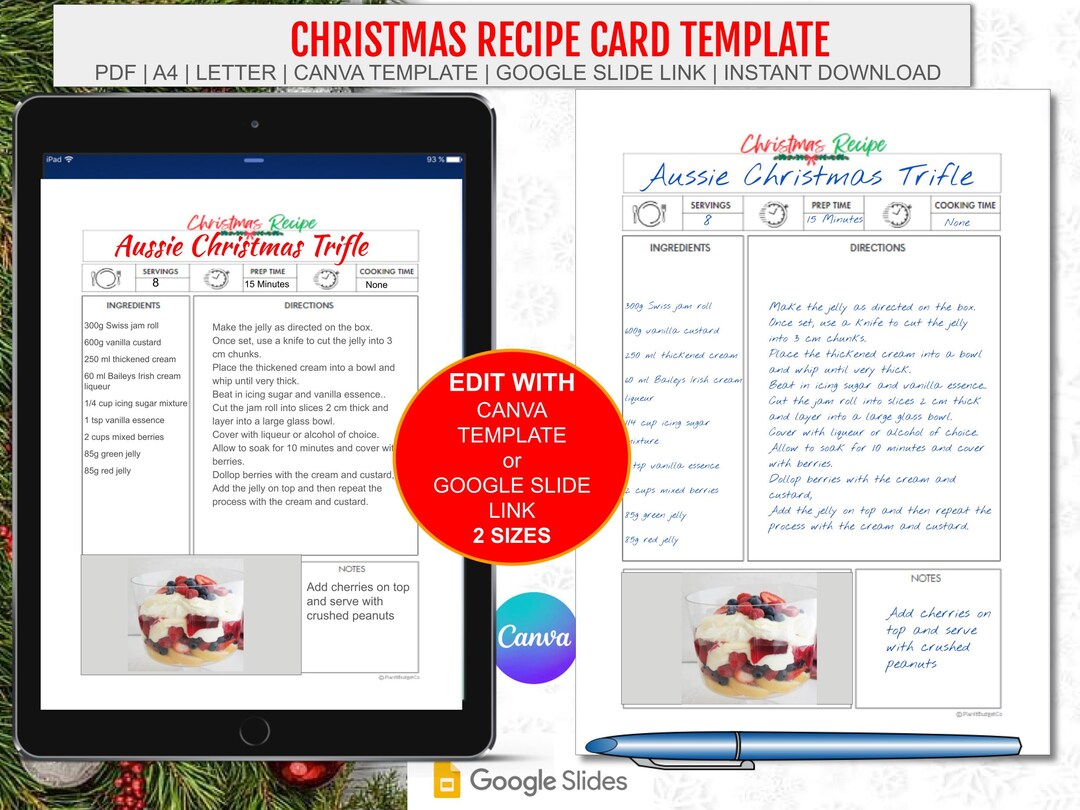 Christmas Recipe Template, Fillable Recipe Card (digital Download ...