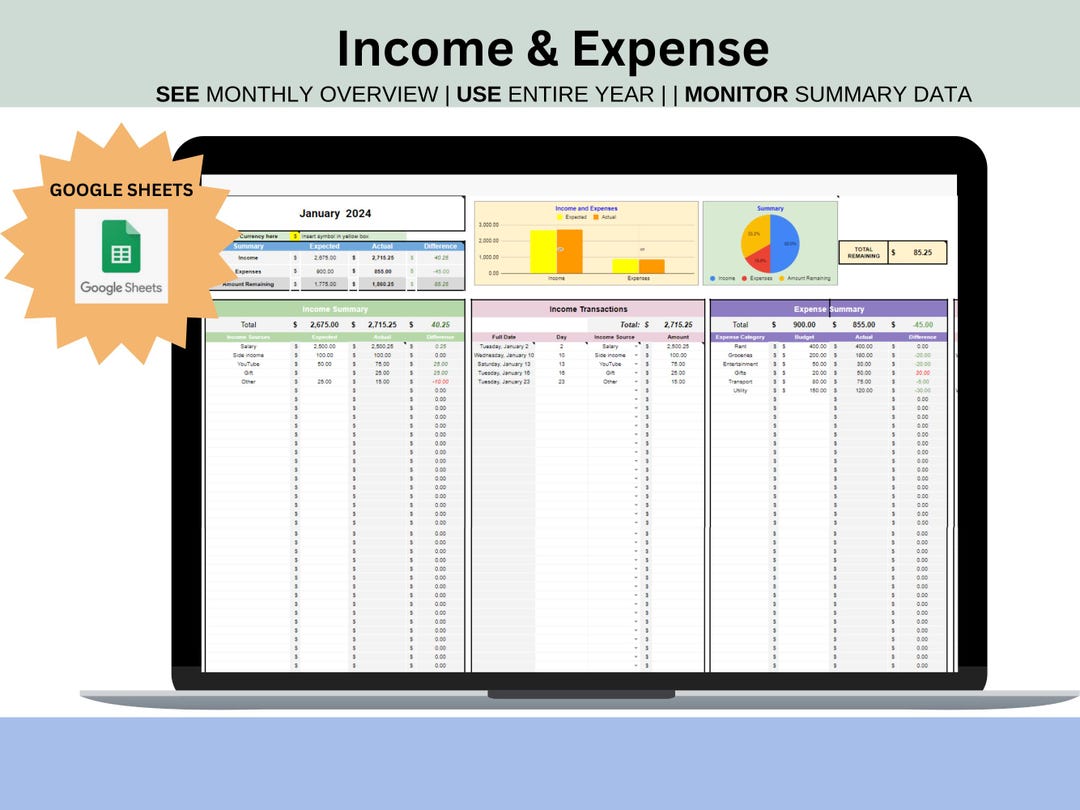 Income and Expenses Budget Planner for Google Sheets, Monthly Budget ...