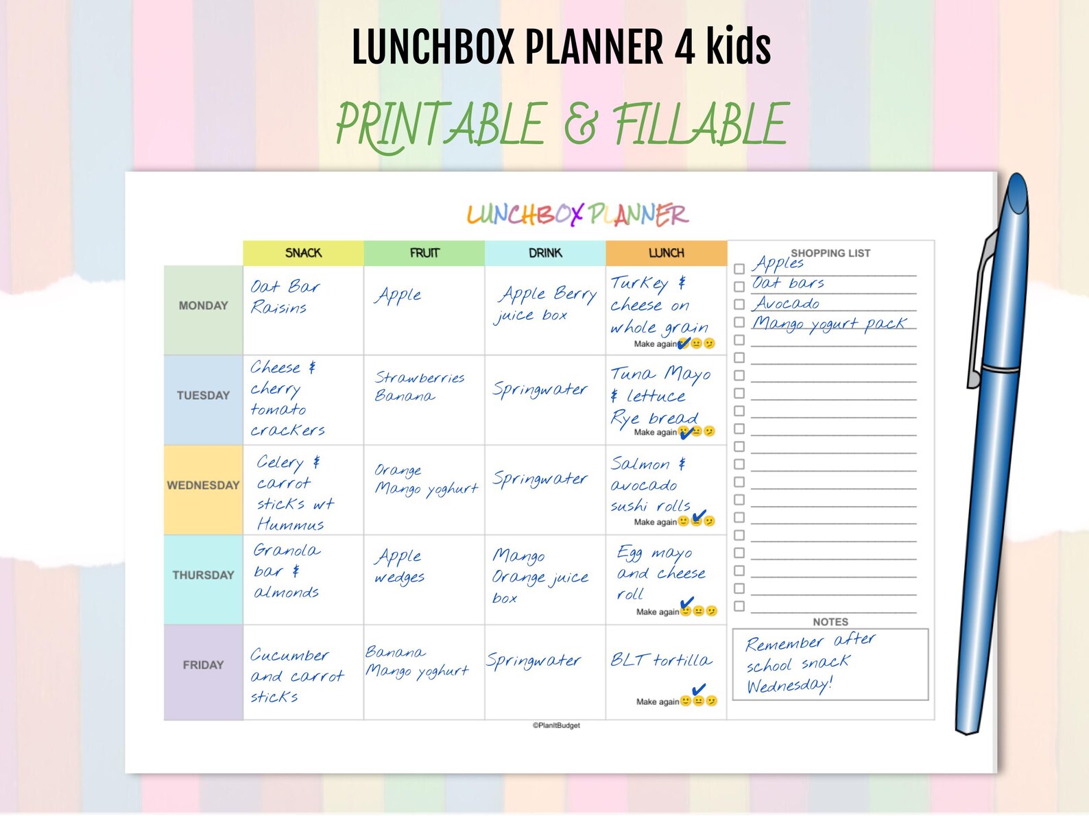 Kids Lunchbox Planner, School Lunch Menu, Healthy Food Checklist ...