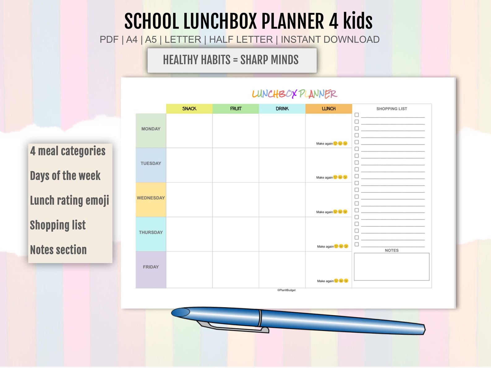 Kids Lunchbox Planner, School Lunch Menu, Healthy Food Checklist ...