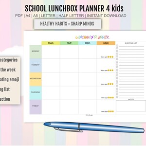 Kids Colorful Lunchbox Checklist, Toddler Healthy Lunchbox, School ...