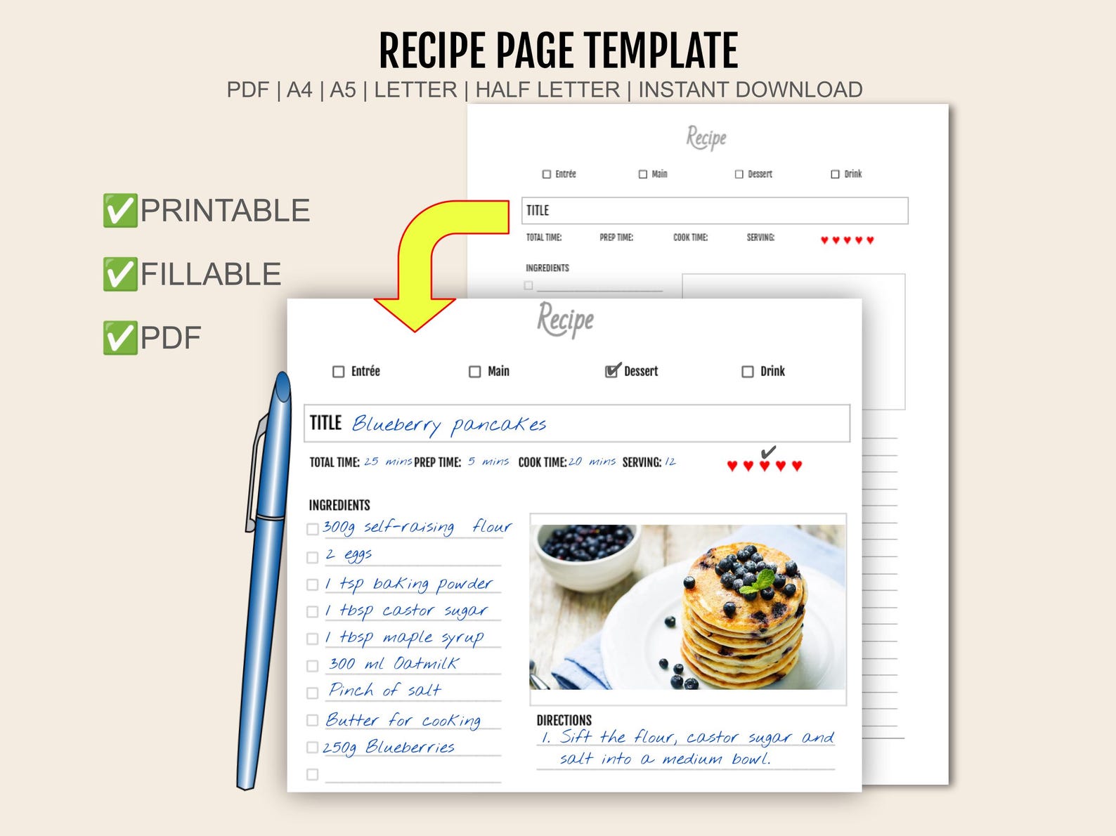 Simple Recipe Template Printable, Fillable Recipe Page, Cook Book ...