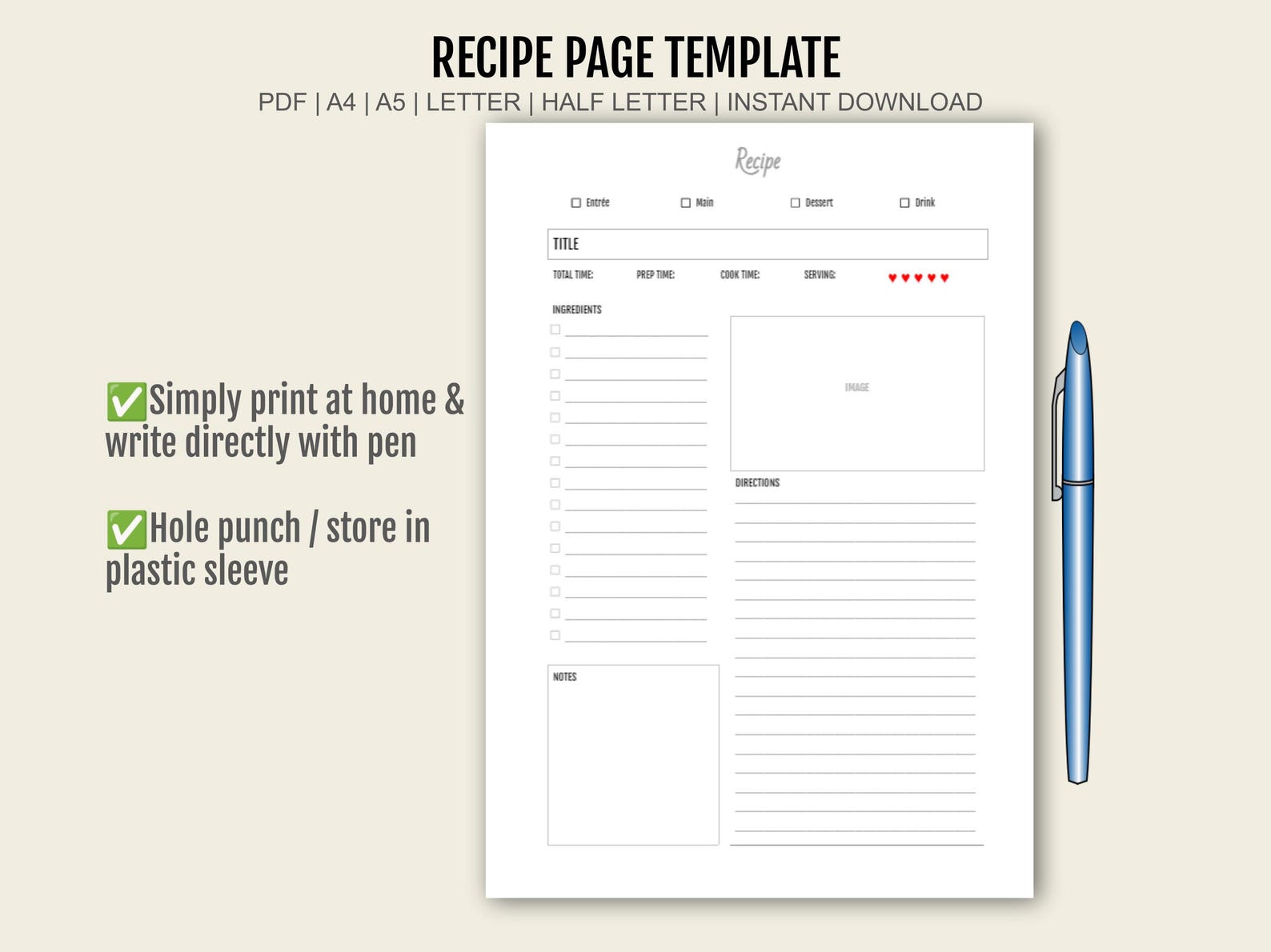Simple Recipe Template Printable, Fillable Recipe Page, Cook Book ...