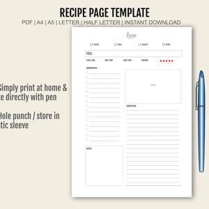 Simple Recipe Template Printable, Fillable Recipe Page, Cook Book ...