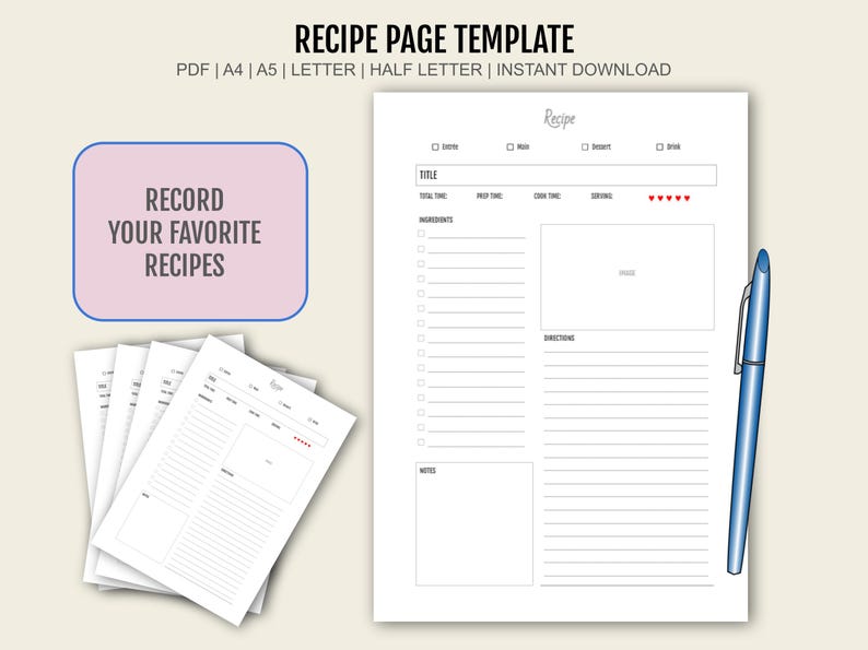 Simple Recipe Template Printable, Fillable Recipe Page, Cook Book ...