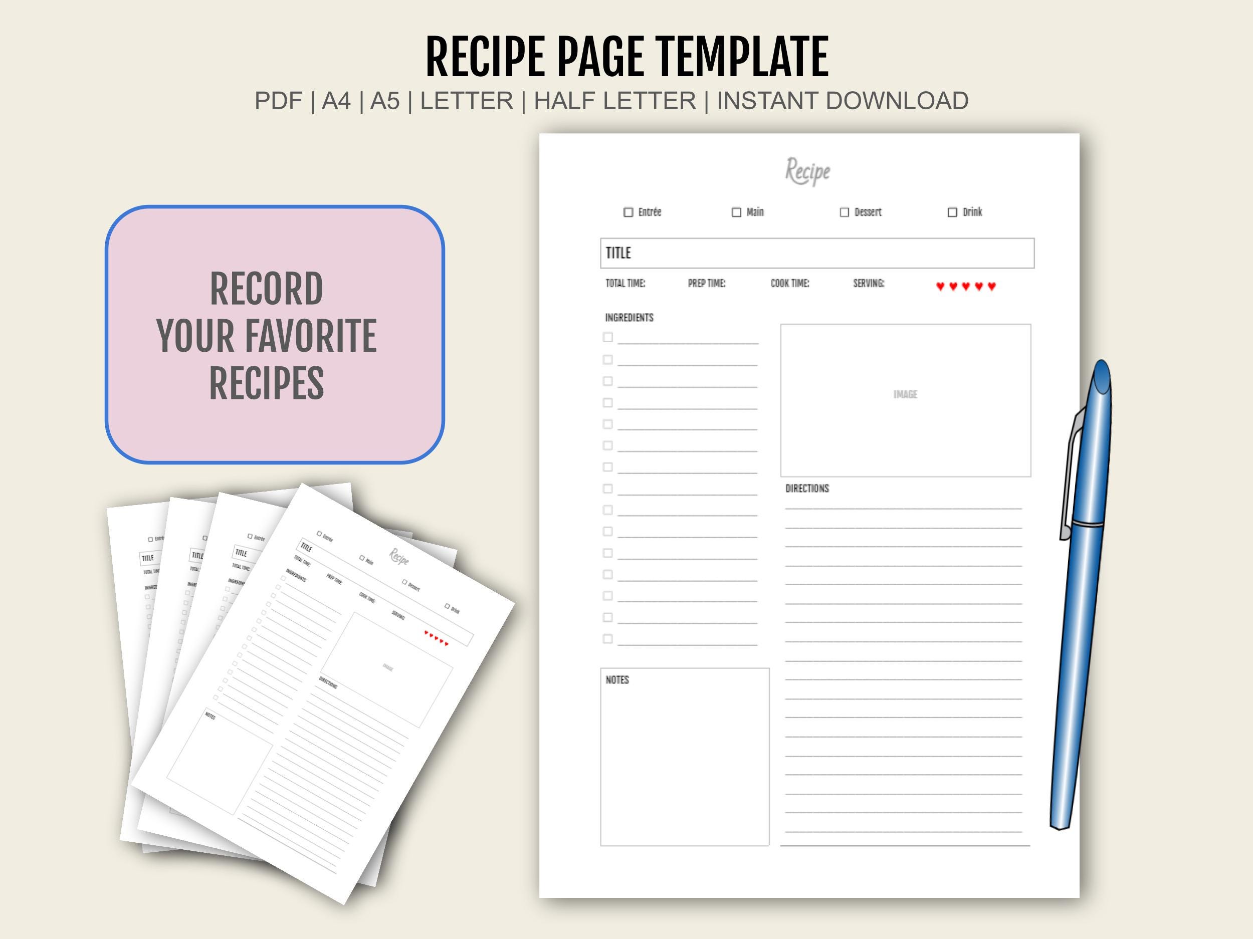 Simple Recipe Template Printable, Fillable Recipe Page, Cook Book ...