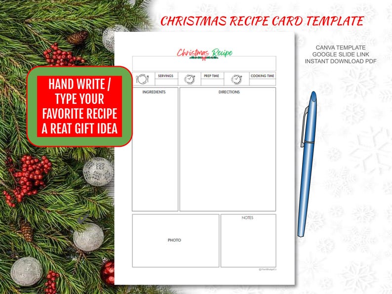 Christmas Recipe Template, Fillable Recipe Card (digital Download ...