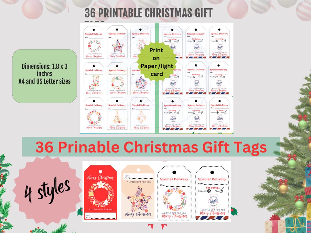 36 Printable Christmas Gift Tags | Festive Holiday Labels |(digital ...
