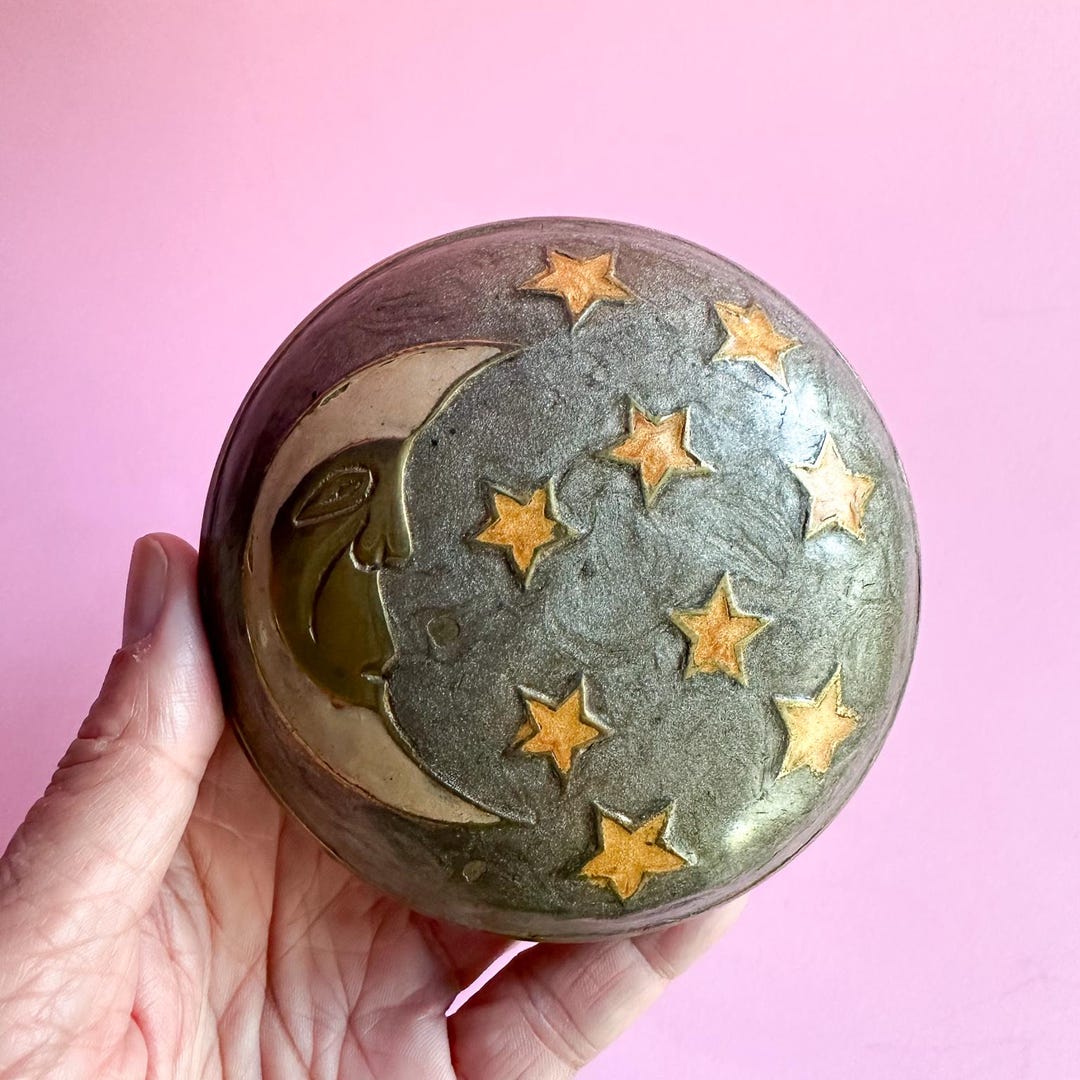Vintage Brass Celestial Box / Moon Stars Gold Silver Trinket Dish ...