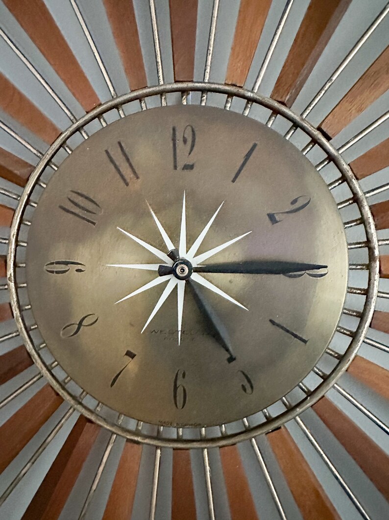 Vintage Mid Century Modern Teak Wood Starburst Clock / Atomic Sunburst Wall Clock, Retro Home ...