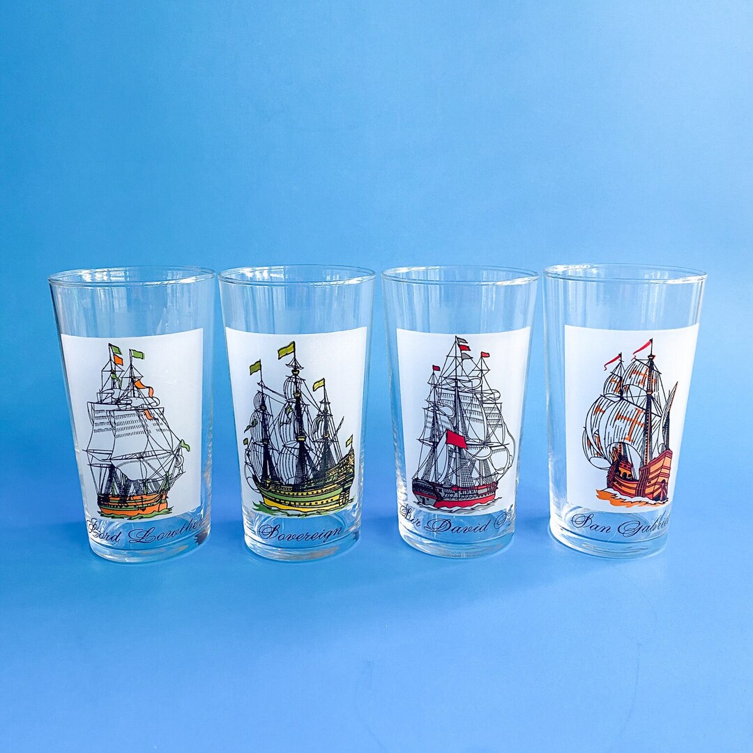 Vintage Luminarc France Nautical Tumblers / Tall Ship Highball Glasses ...