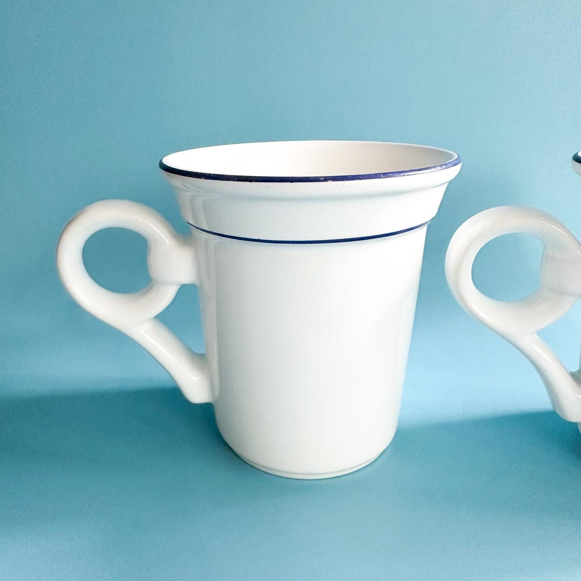 Vintage Nancy Calhoun Bistro Bands Coffee Mugs / White Blue Made in ...