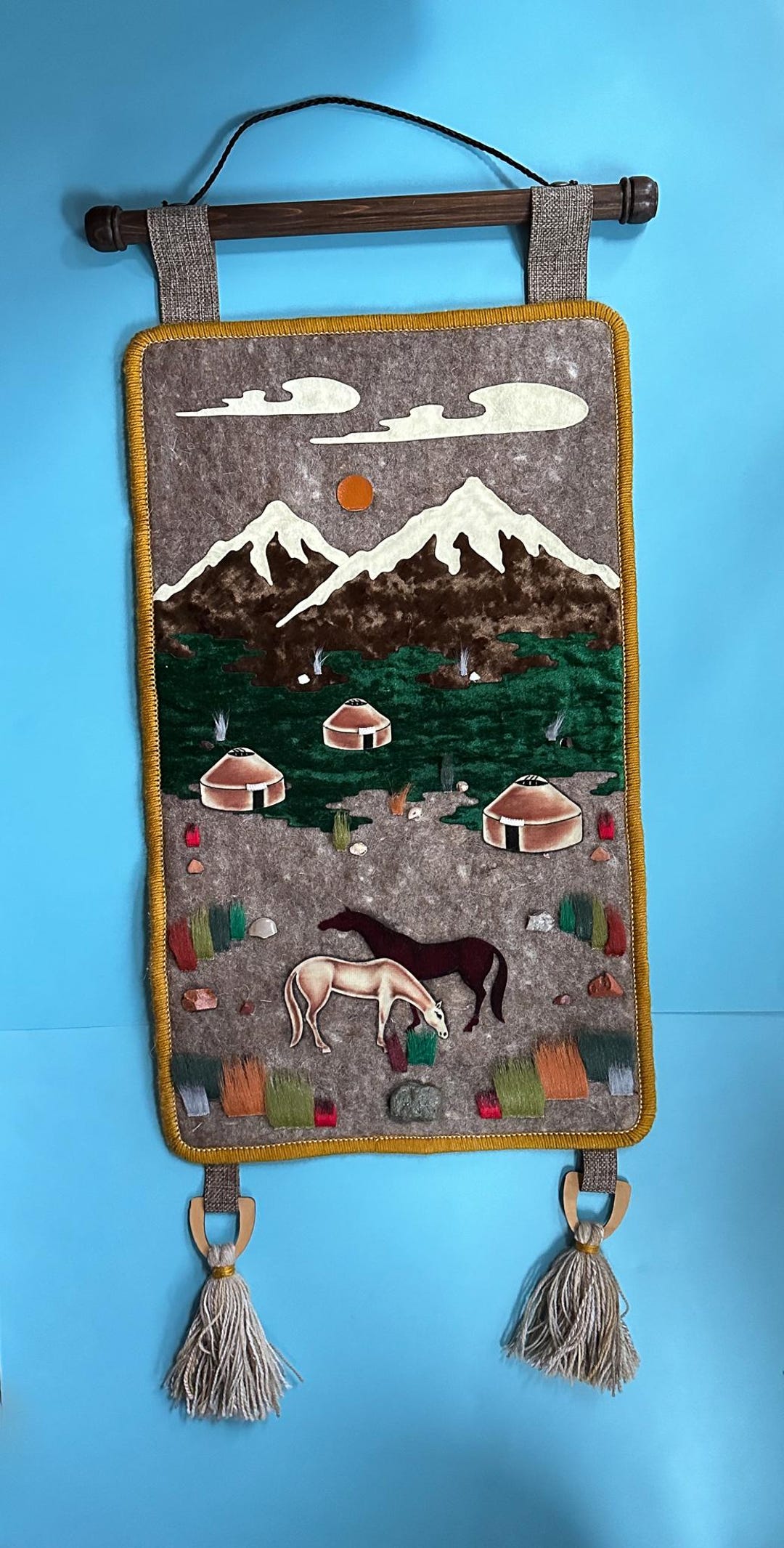 Vintage Mongolian Tapestry Hanging Wall Scroll / Textile Art Applique ...