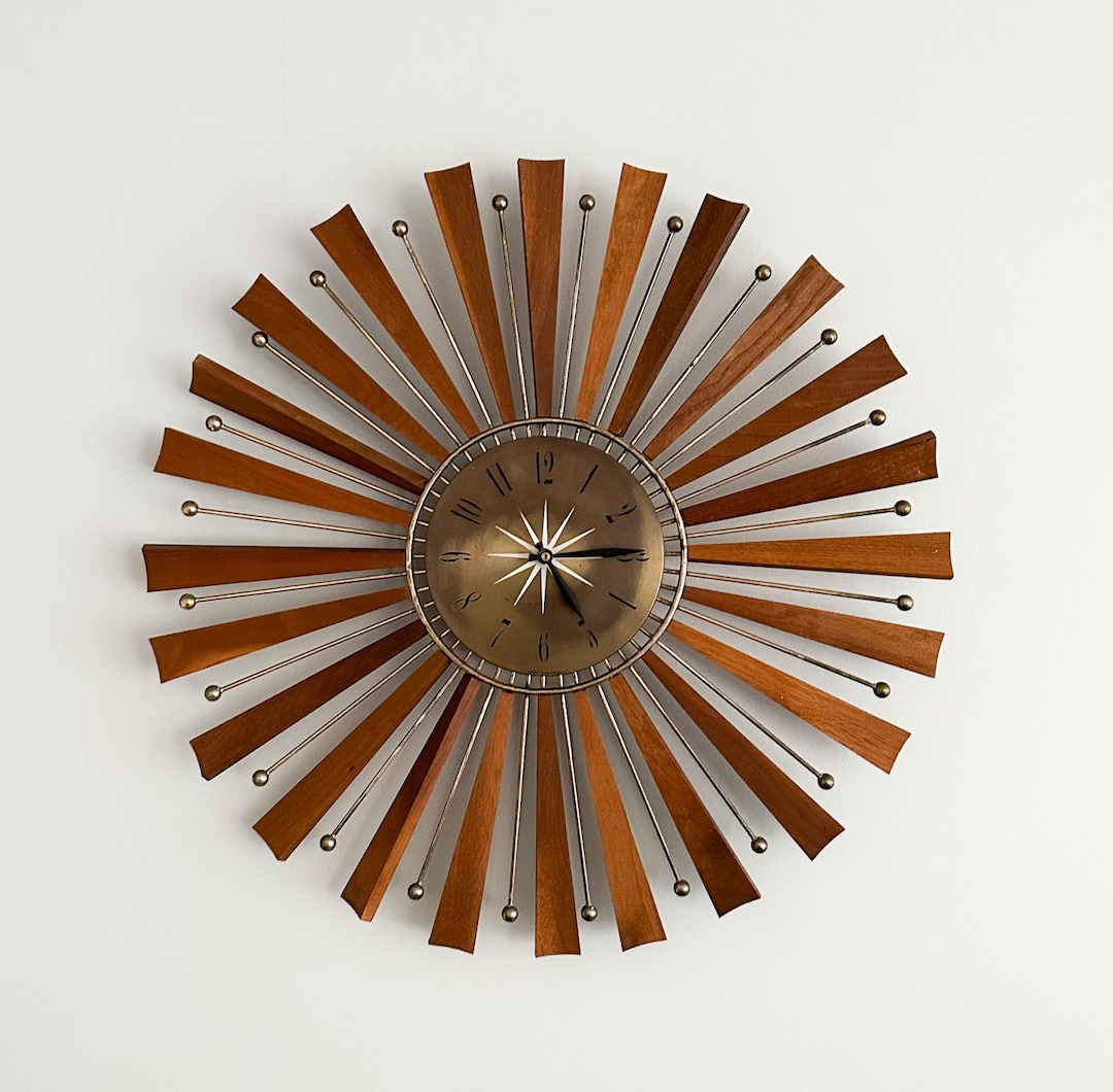 Vintage Mid Century Modern Teak Wood Starburst Clock / Atomic Sunburst Wall Clock, Retro Home ...