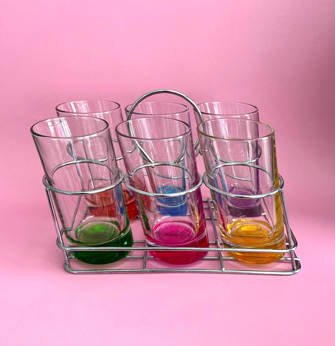 Vintage Slanted Highball Glasses With Caddy / Rainbow Color Glass Set ...