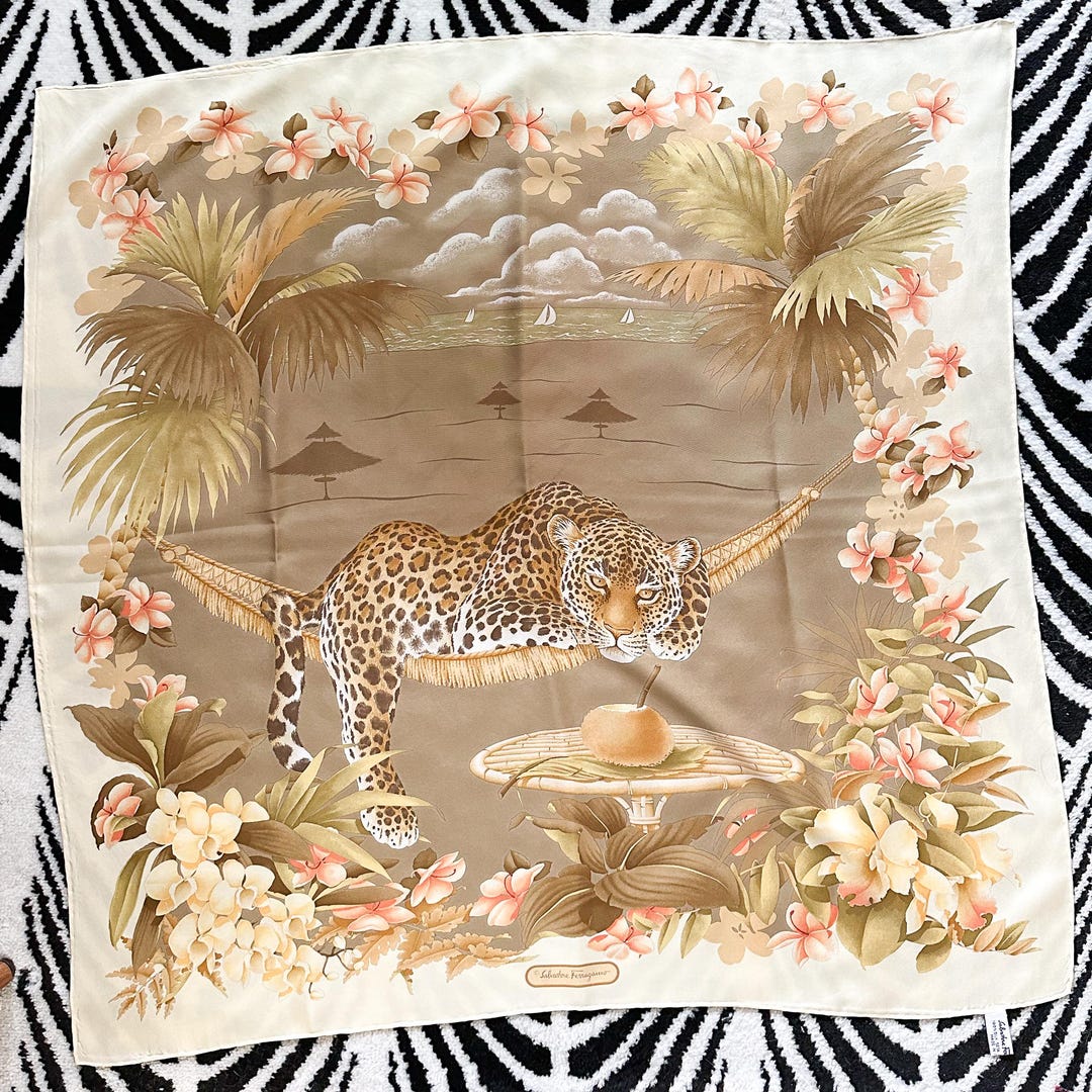 Vintage Salvatore Ferragamo Leopard Jungle Silk Scarf / Made in Italy ...