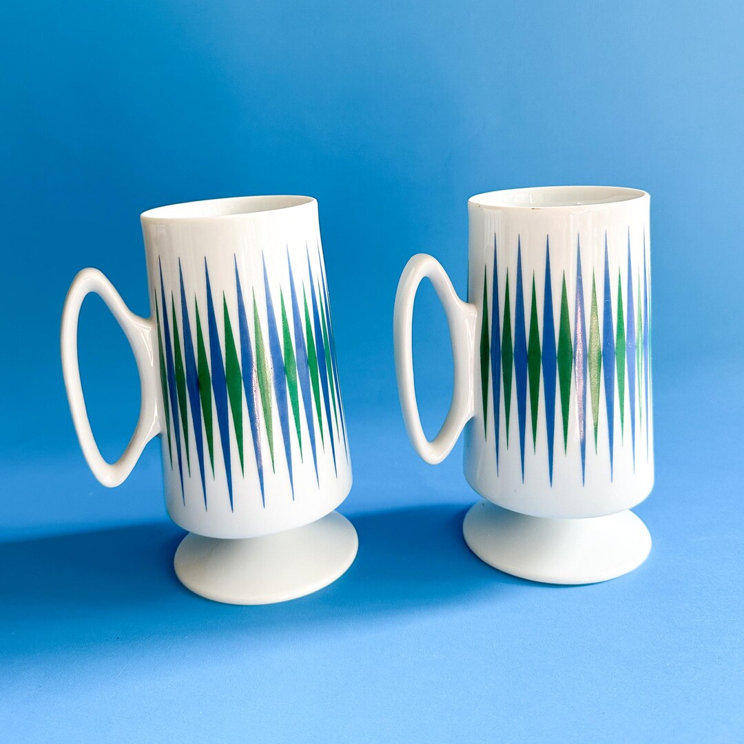 Vintage Atomic Age Blue Green Diamond Ceramic Coffee Mugs / Mid Century ...