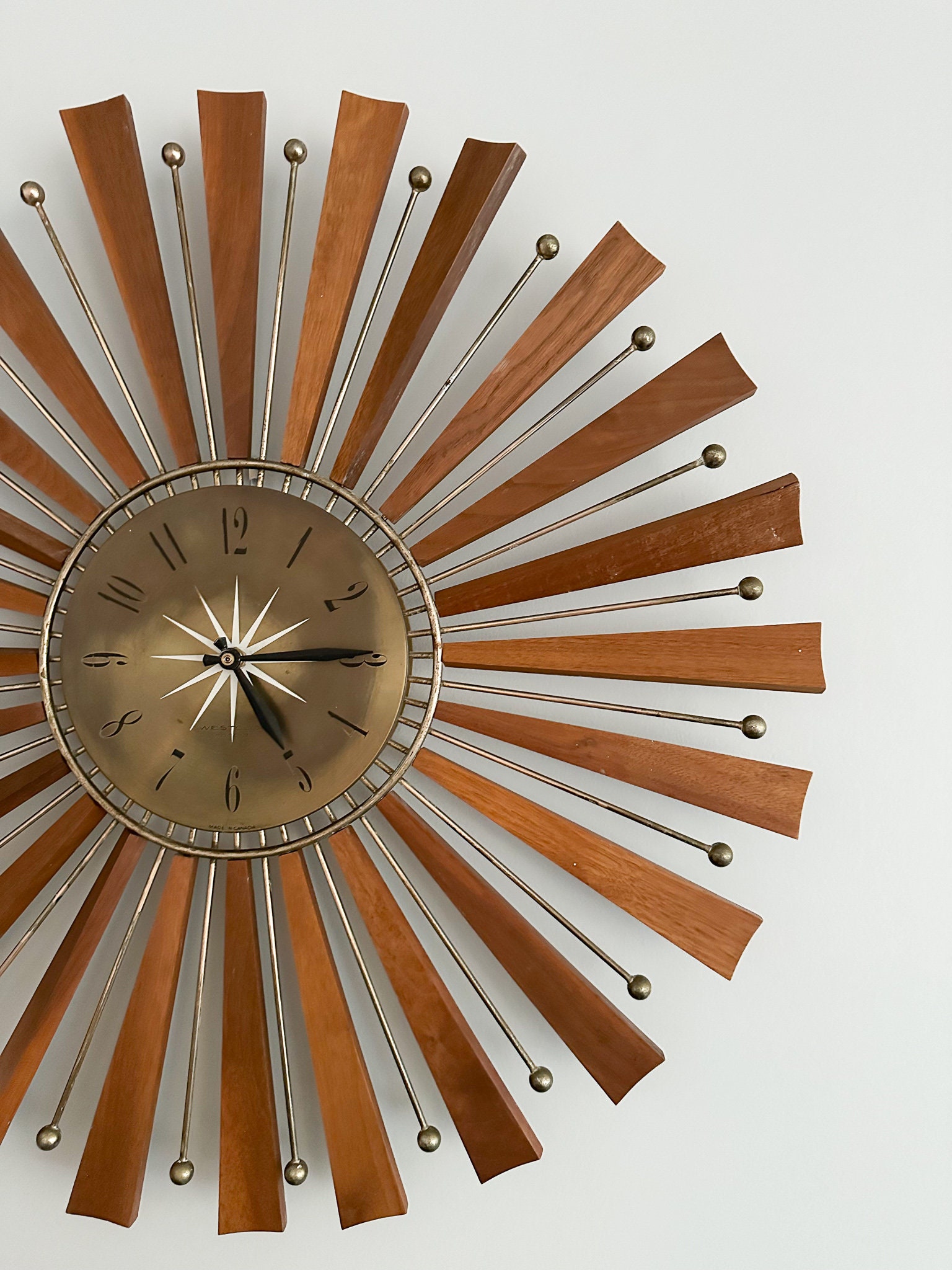 Vintage Mid Century Modern Teak Wood Starburst Clock / Atomic Sunburst Wall Clock, Retro Home ...