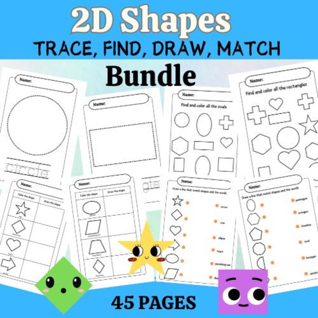 2D Shapes Worksheet for Kindergarten and Pre School. Trace, Find, Draw ...