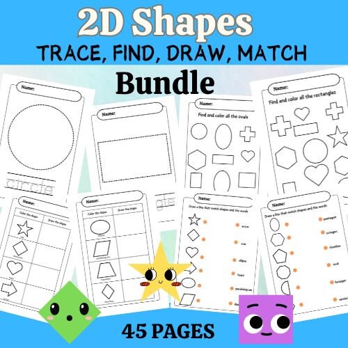 2D Shapes Worksheet for Kindergarten and Pre School. Trace, Find, Draw ...