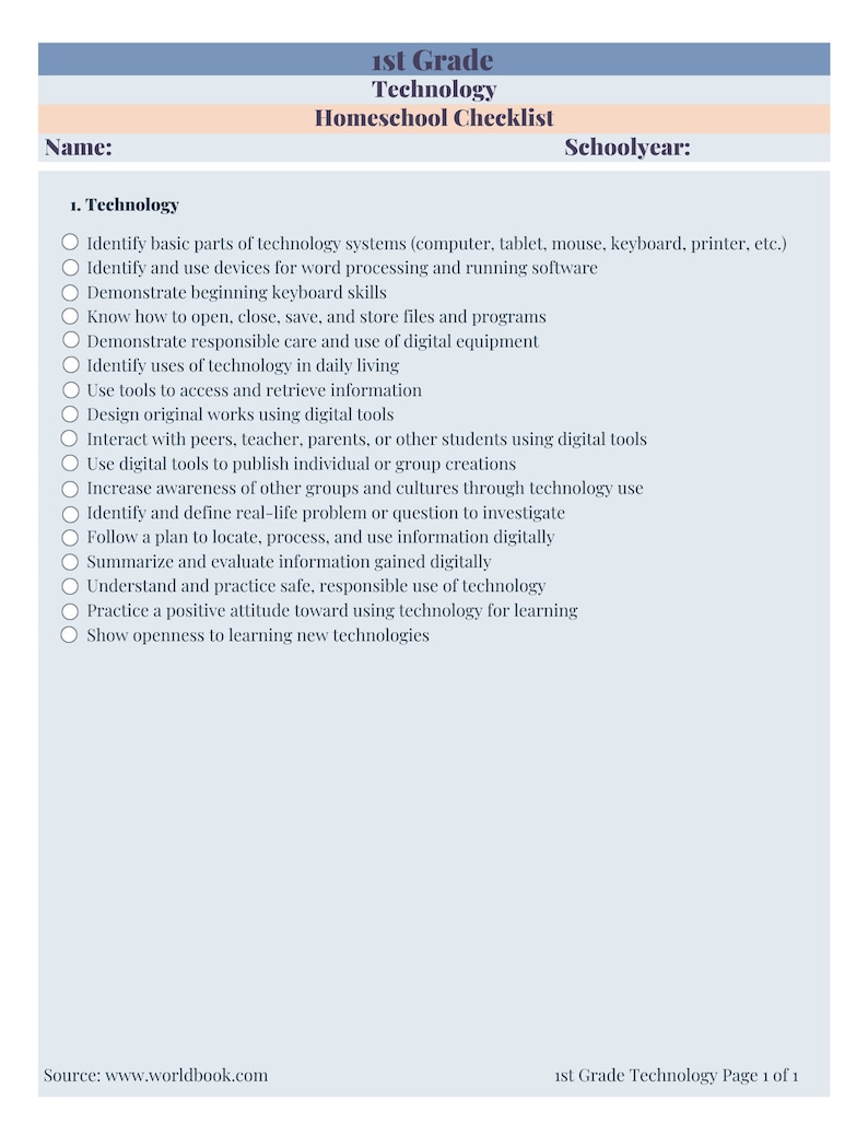 1st Grade Homeschool Checklist - Etsy