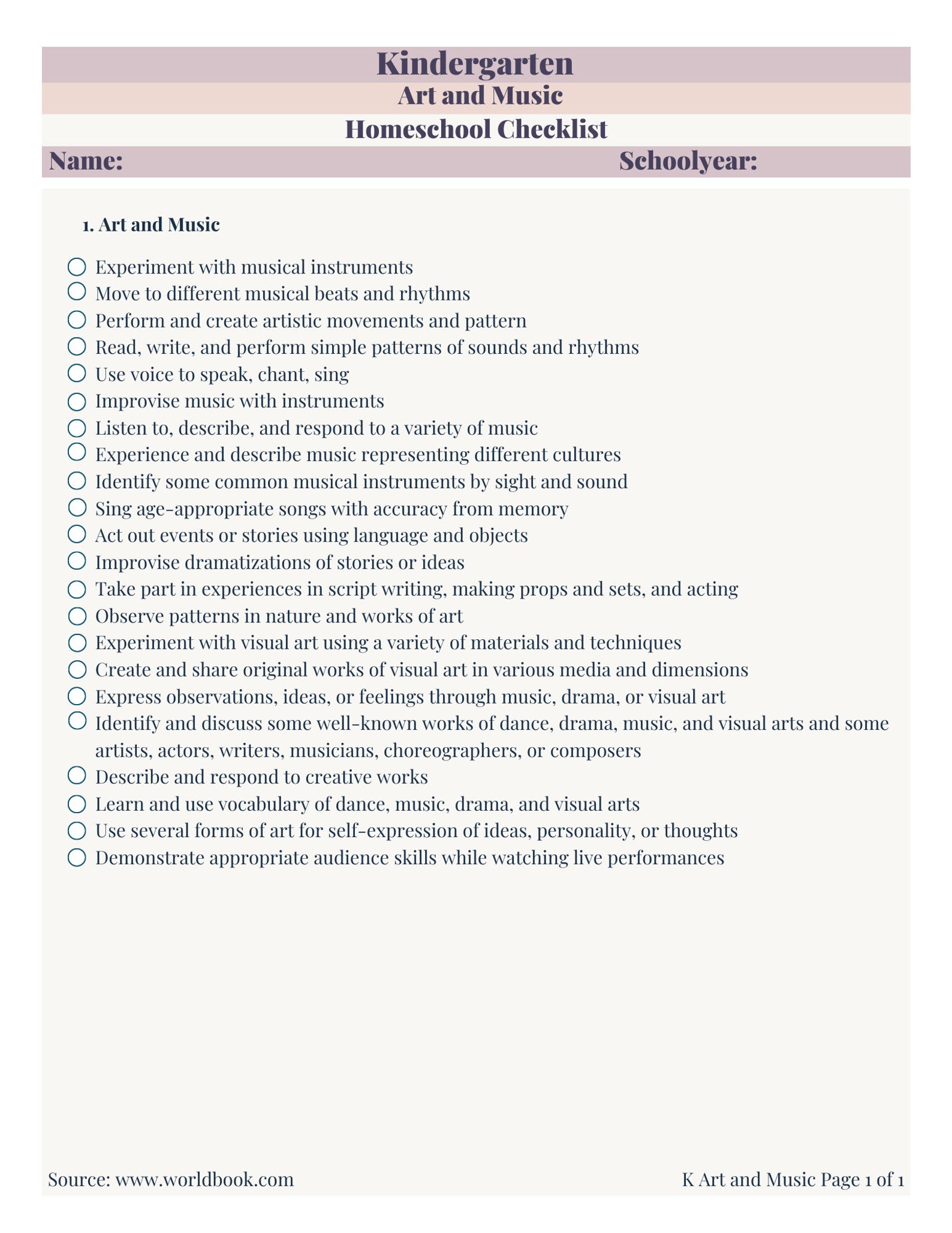 Kindergarten Homeschool Checklist - Etsy