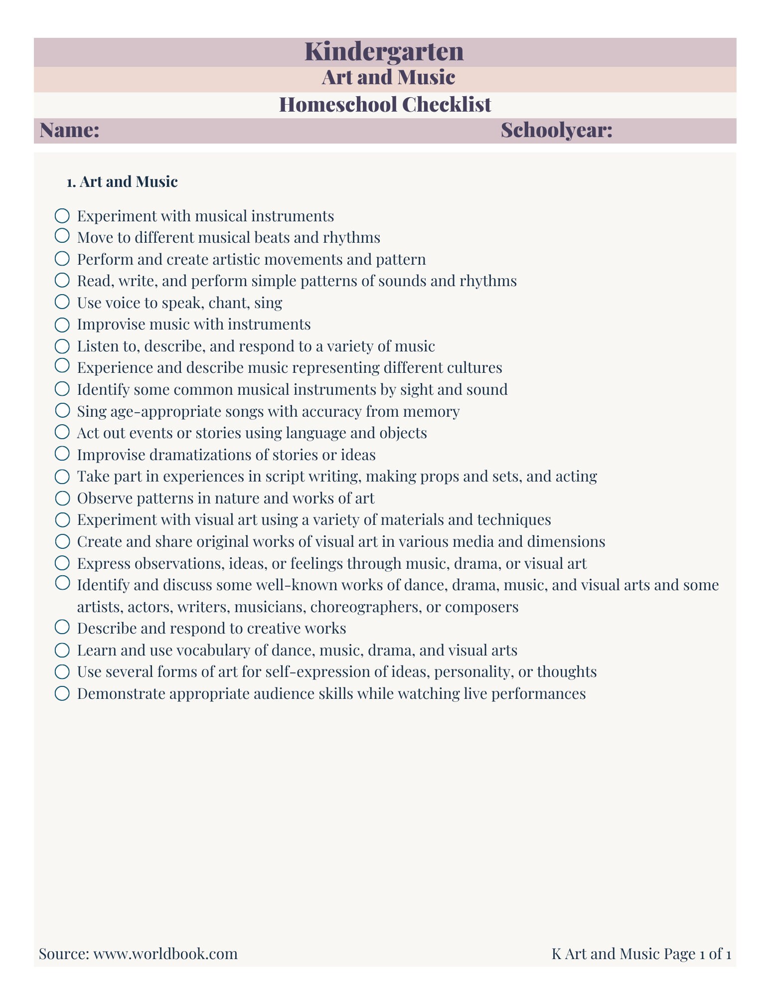 Kindergarten Homeschool Checklist - Etsy