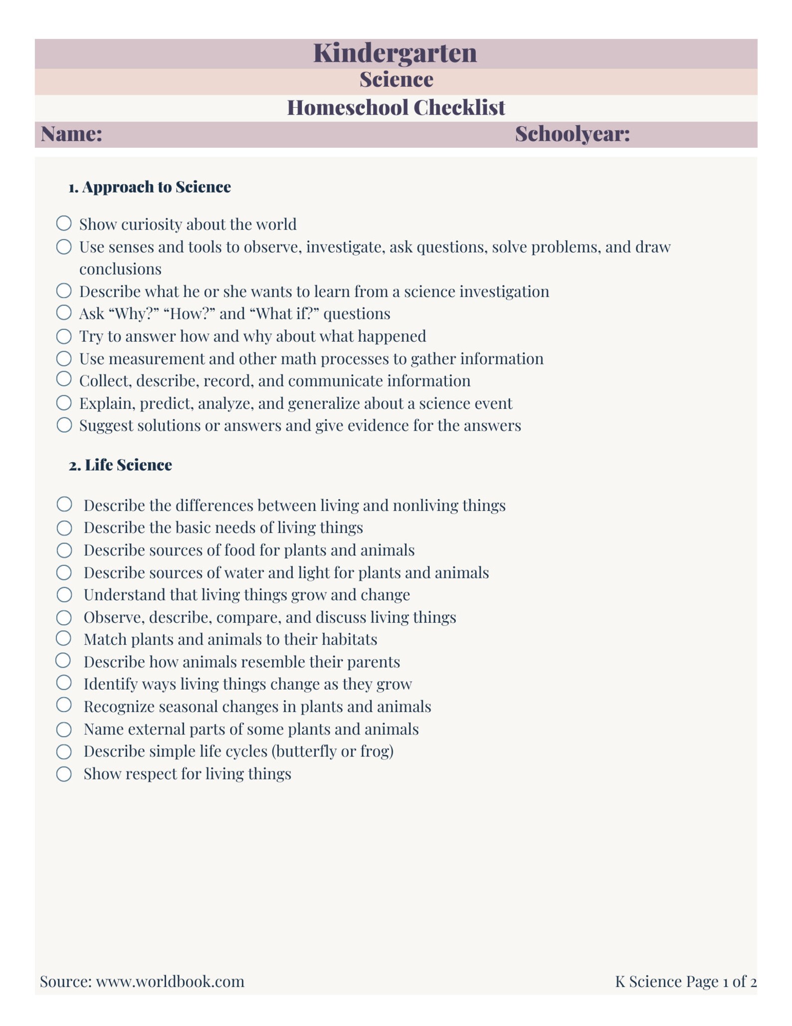 Kindergarten Homeschool Checklist - Etsy