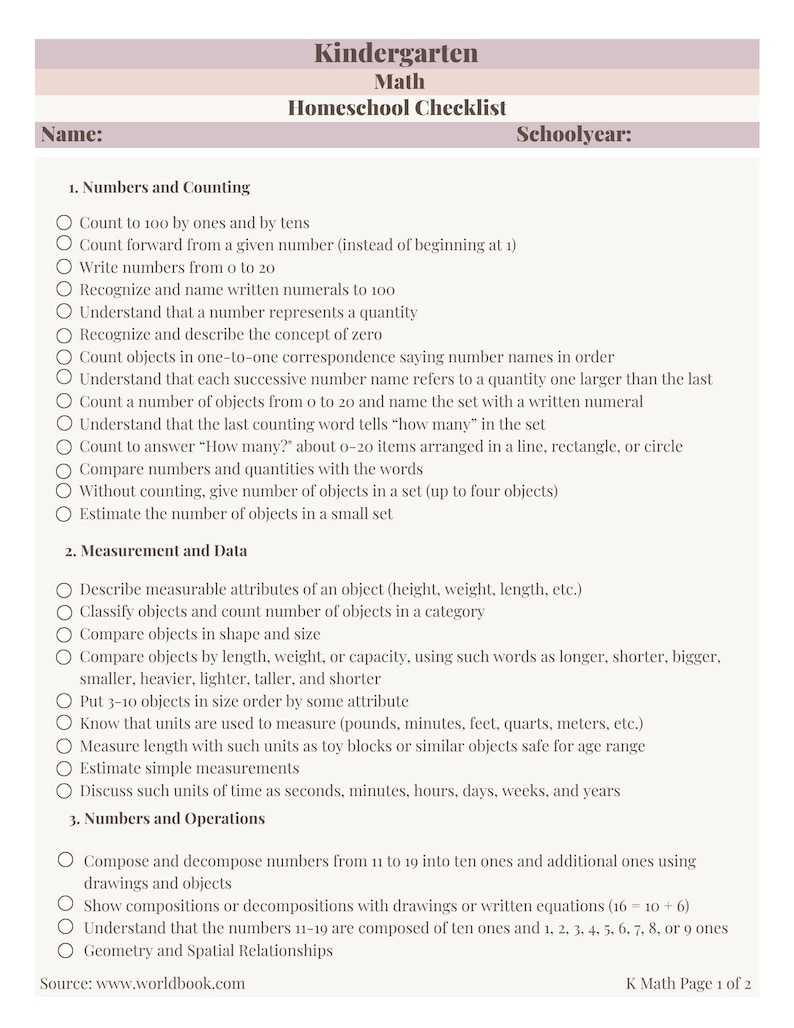 Kindergarten Homeschool Checklist - Etsy