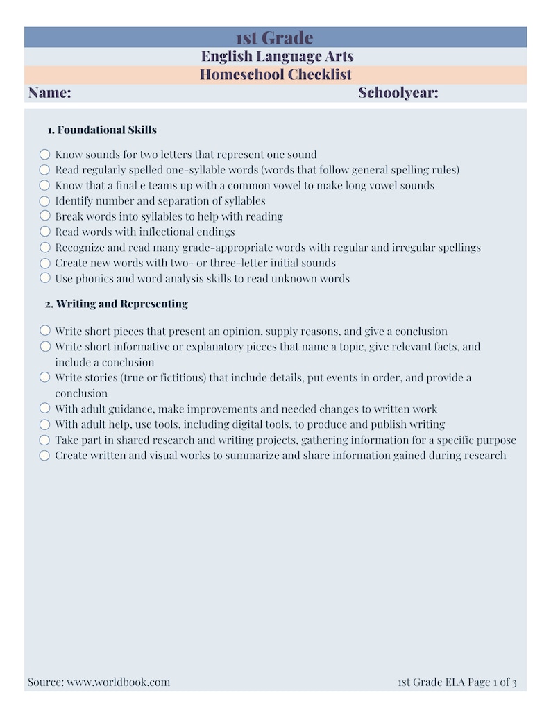 1st Grade Homeschool Checklist - Etsy