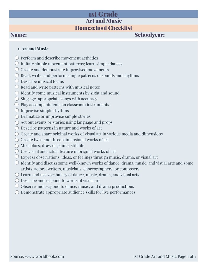1st Grade Homeschool Checklist - Etsy