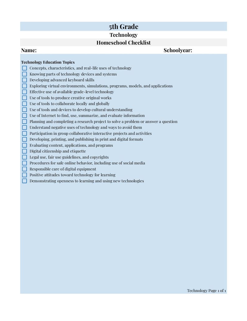 5th Grade Homeschool Checklist - Etsy