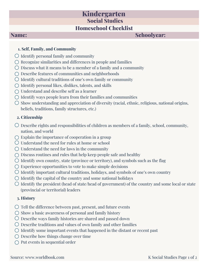 Kindergarten Homeschool Checklist - Etsy