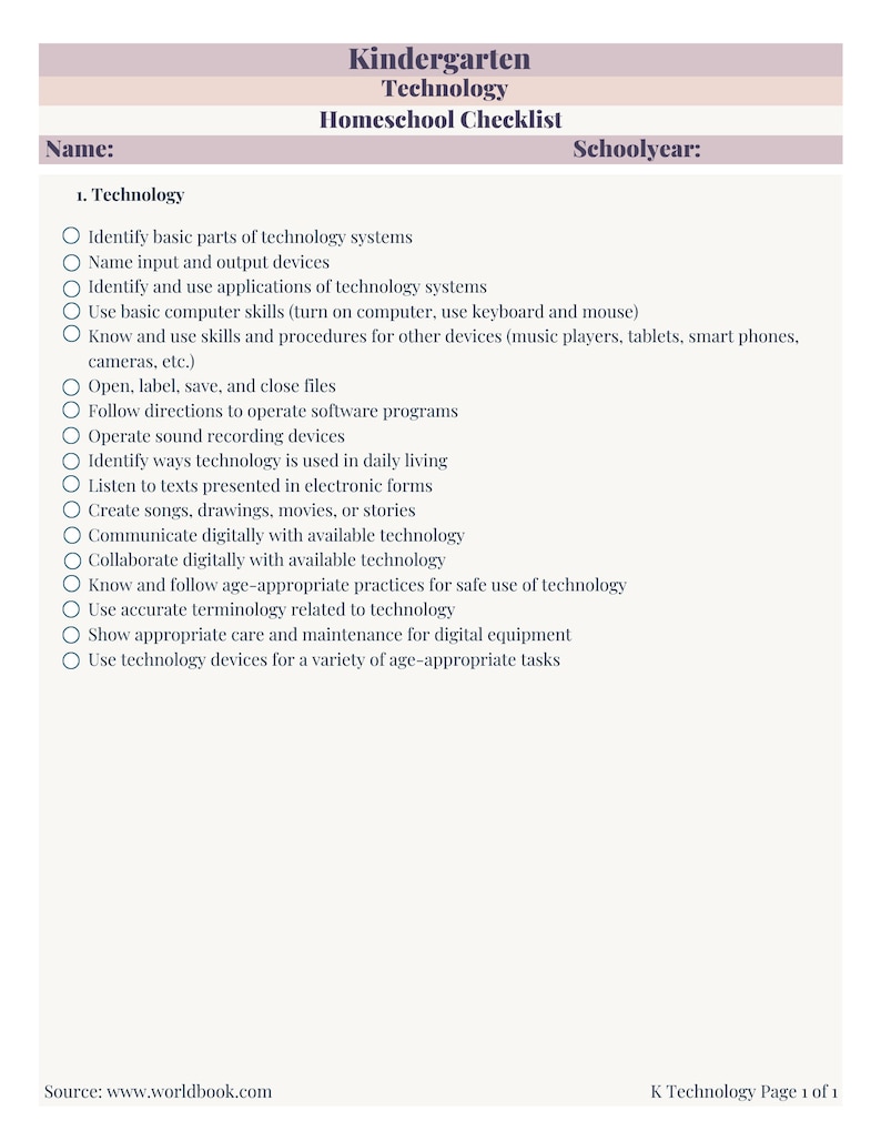Kindergarten Homeschool Checklist - Etsy