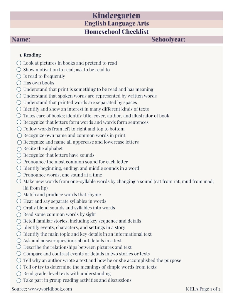 Kindergarten Homeschool Checklist - Etsy