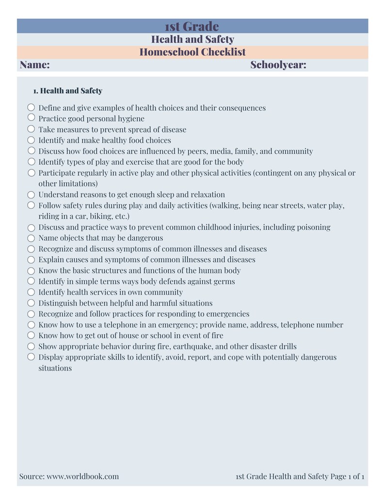 1st Grade Homeschool Checklist - Etsy