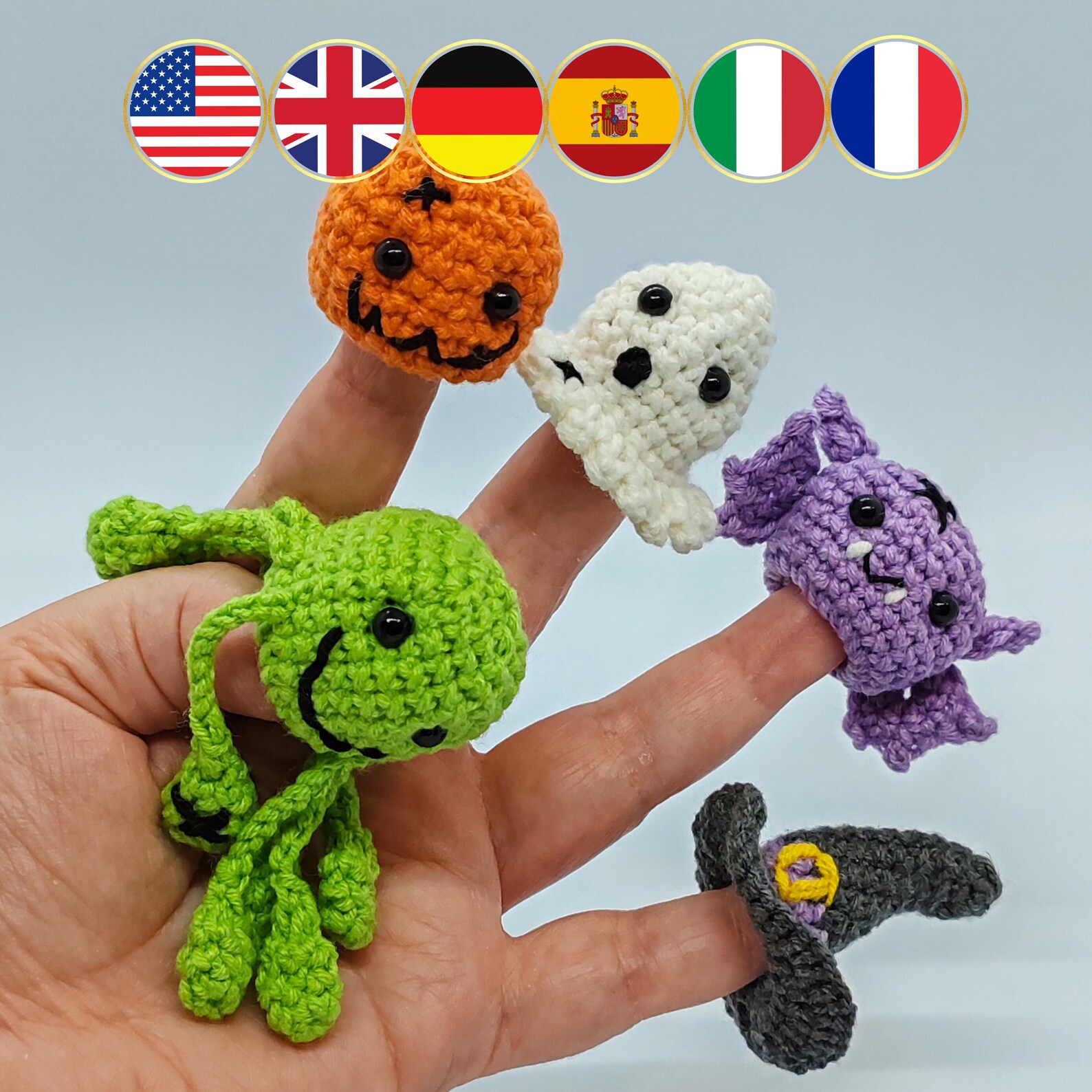 Crochet Halloween Finger Puppets Pattern – Amigurumi Ghost, Pumpkin ...