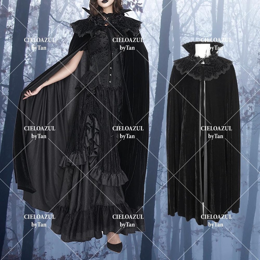 Women Gothic Vampire Black Velvet CLOAK With Stand-up Vampire Witch ...