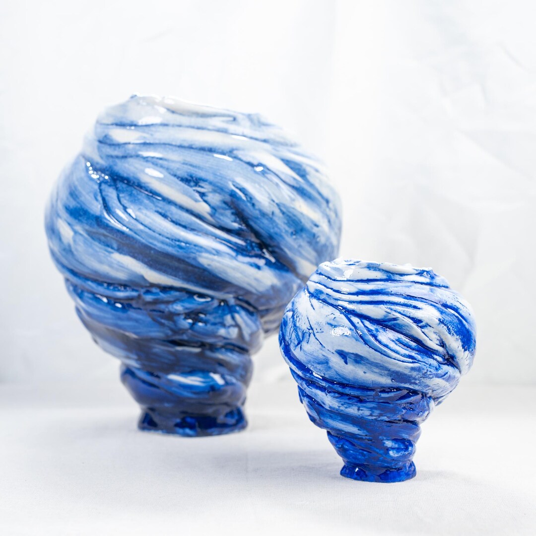 Ceramic Swirl Vase, Ocean Blue and White Decorative Sculptural Vase ...