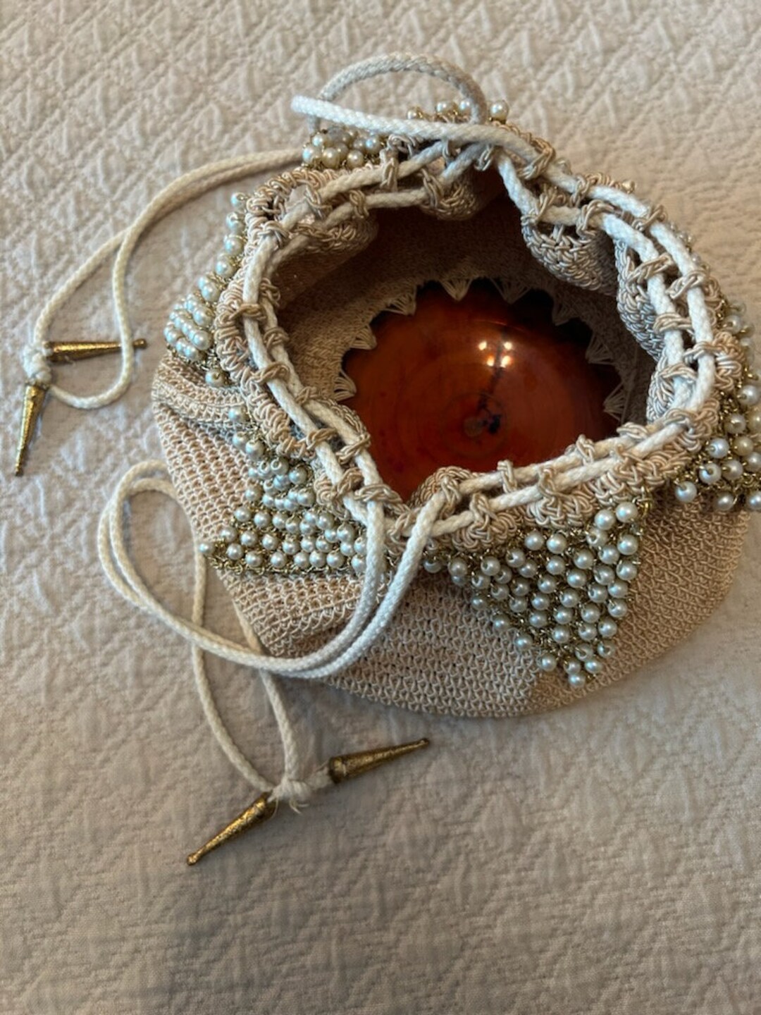 Purse, Crochet, Sand Color Khaki Buff, Vintage Pearl Beaded Crochet ...