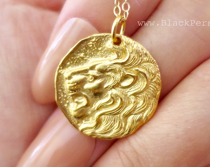 Ancient Lion Head Coin Necklace - 24k Gold Plated Bronze Vermeil Charm ...